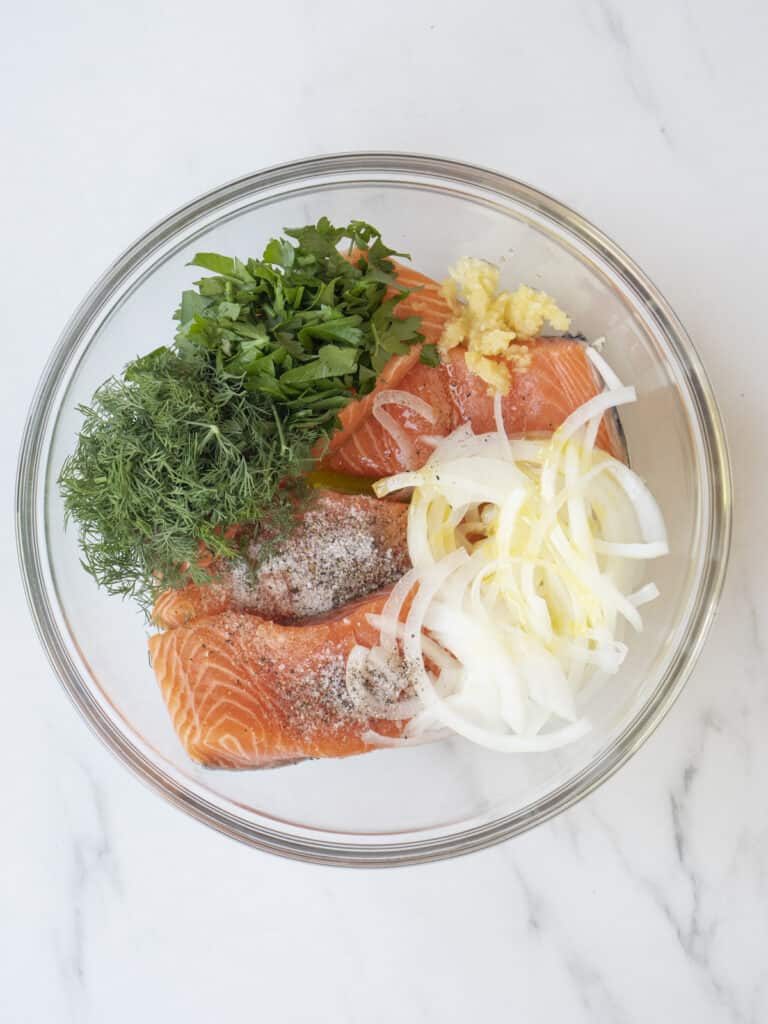 Steamed Salmon With Garlic, Herbs And Lemon - What's Gaby Cooking