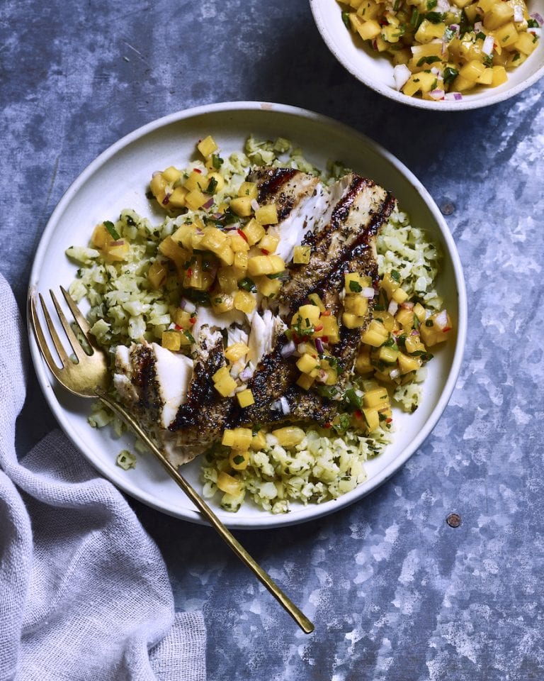 Grilled Fish Cauliflower Rice Bowl - What's Gaby Cooking